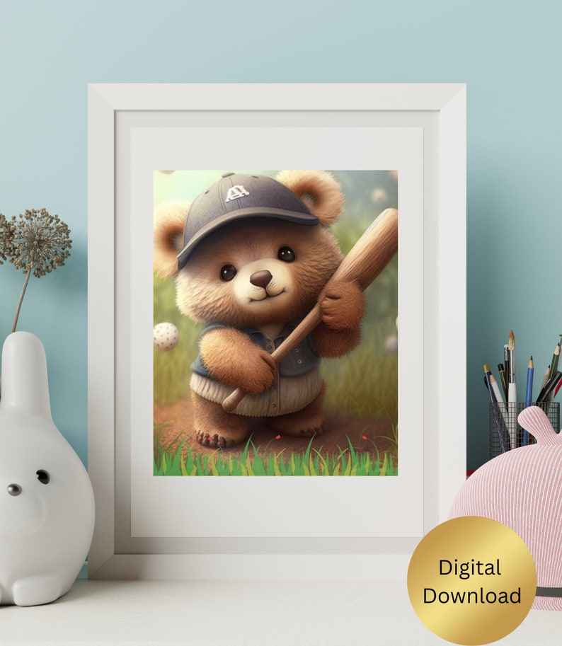 Bear Wall Art Cute Whimsical Little Bear Playing Baseball Printable ...