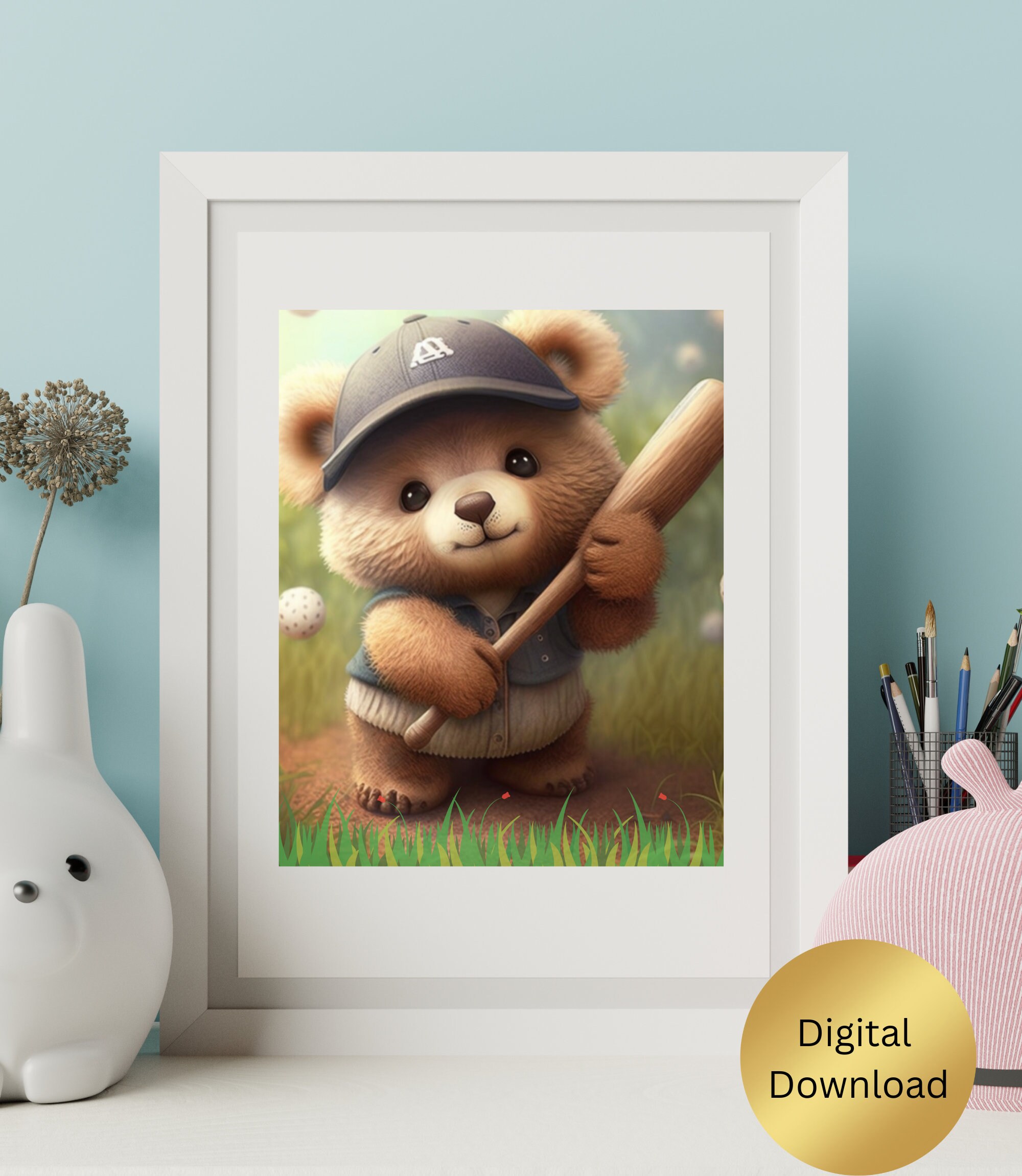 Bear Wall Art Cute Whimsical Little Bear Playing Baseball Printable ...