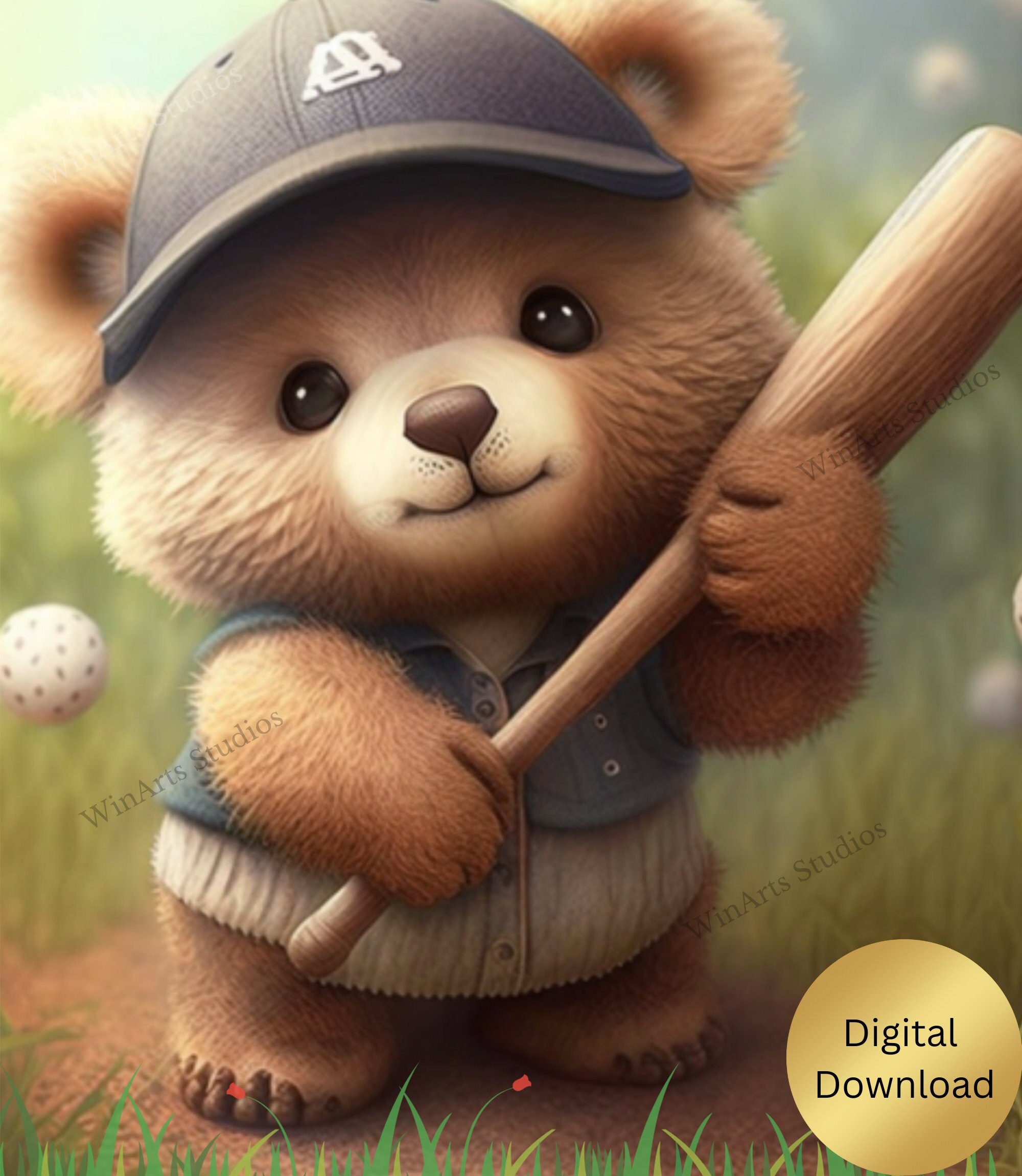 Bear Wall Art Cute Whimsical Little Bear Playing Baseball Printable ...