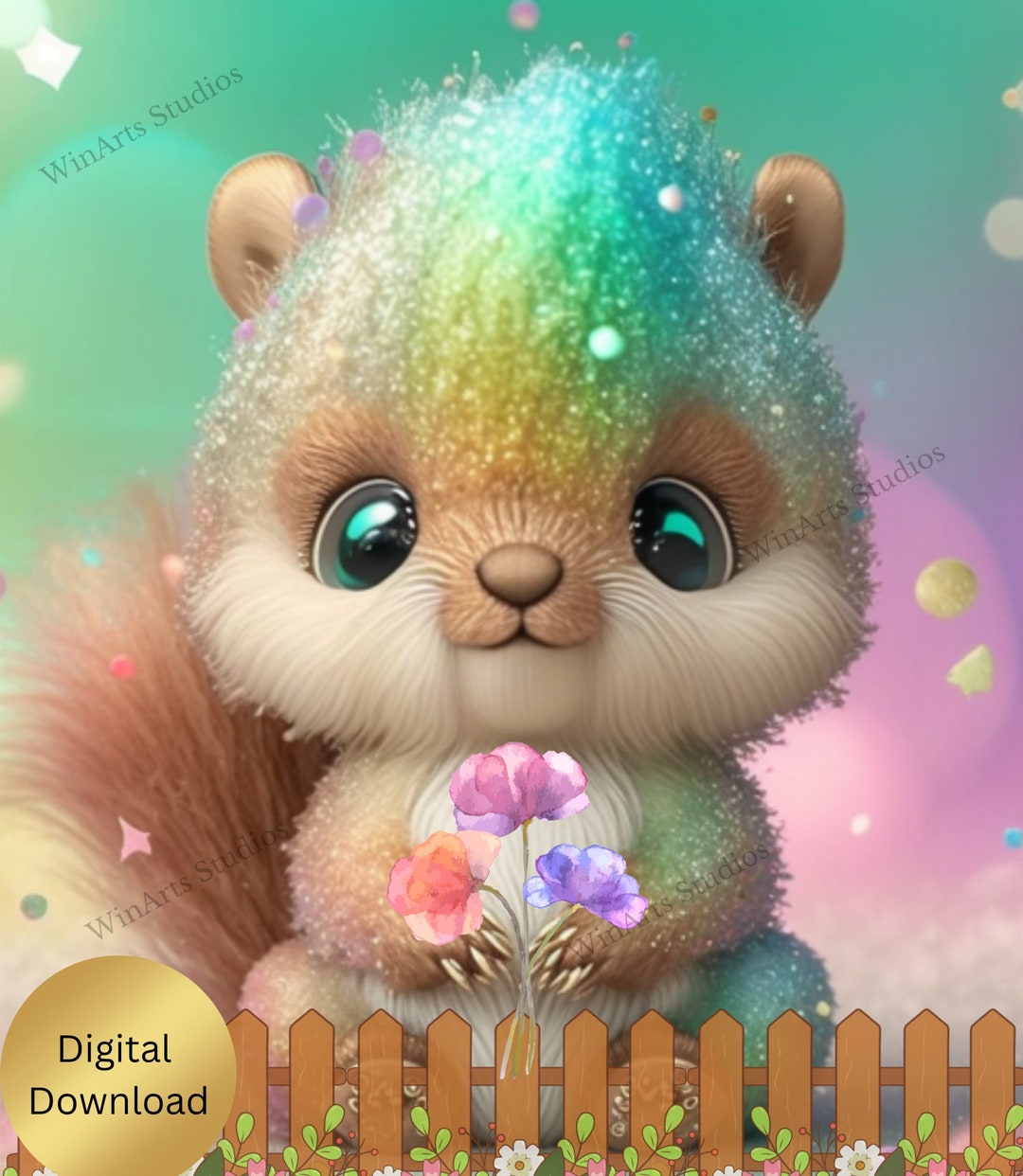 Cute Whimsical Colorful Squirrel With Flowers Art Printable - Etsy