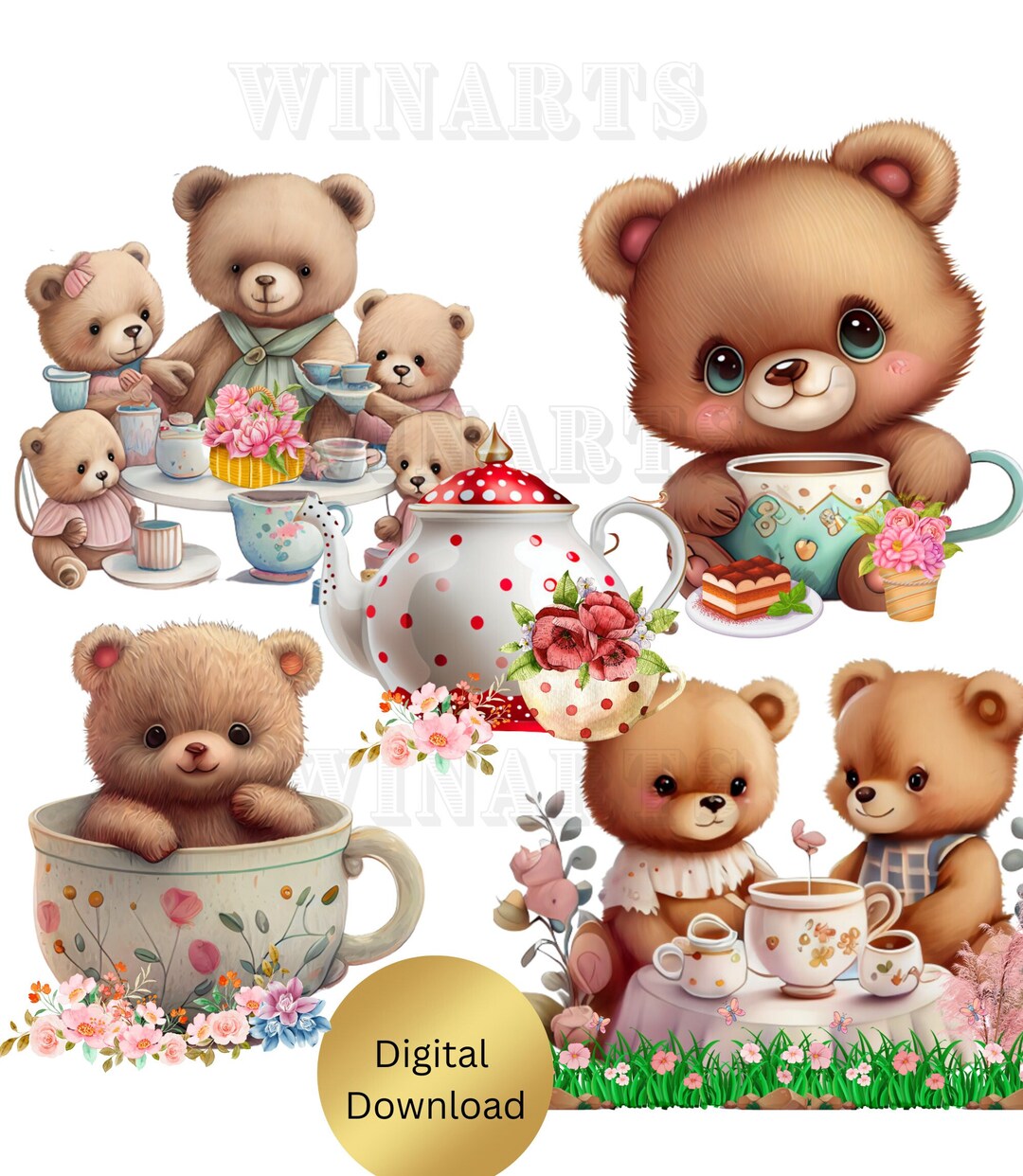 Set of 5 Bear Tea Party Floral Teapot Transparent Background PNG ...