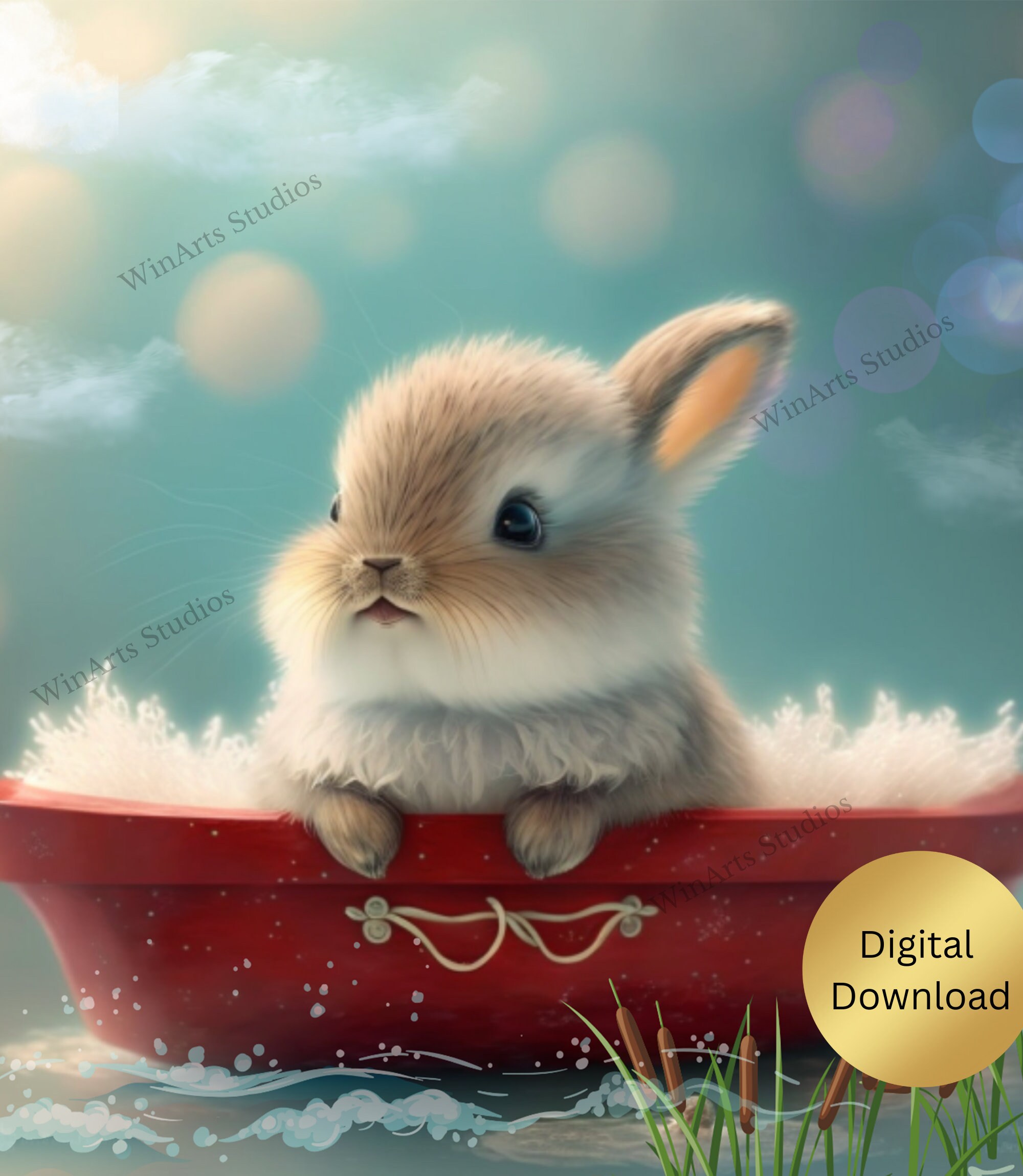 Cute Whimsical Rabbit in a Red Boat Art Printable, Digital Instant ...