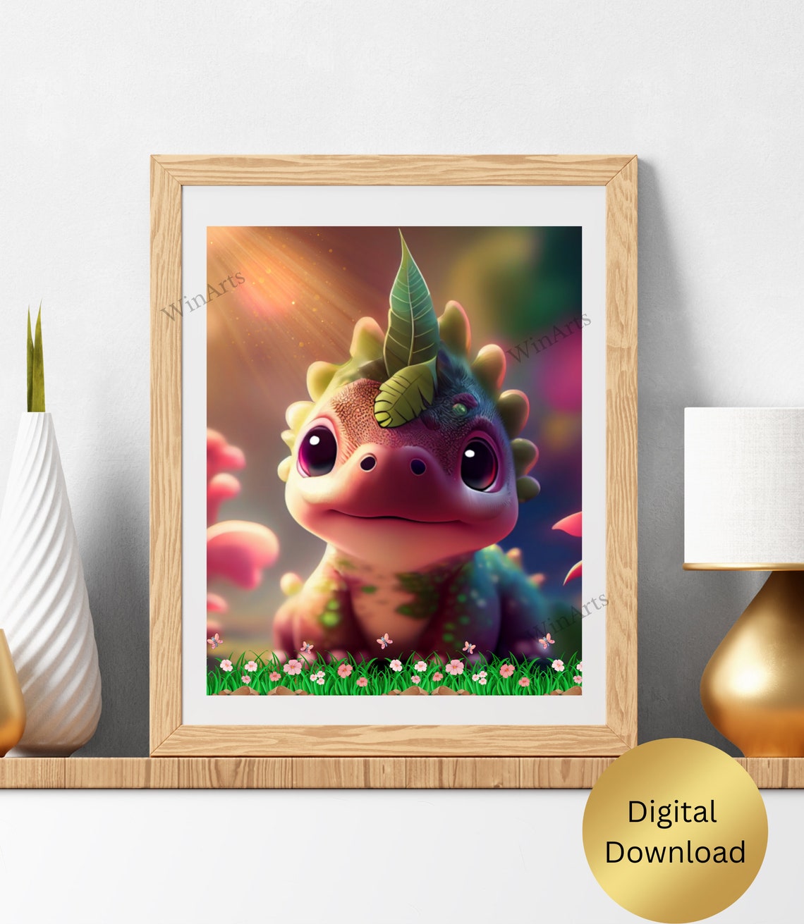 Dinosaur Wall Art Cute Pink Baby Dinosaur Playing in the Jungle ...