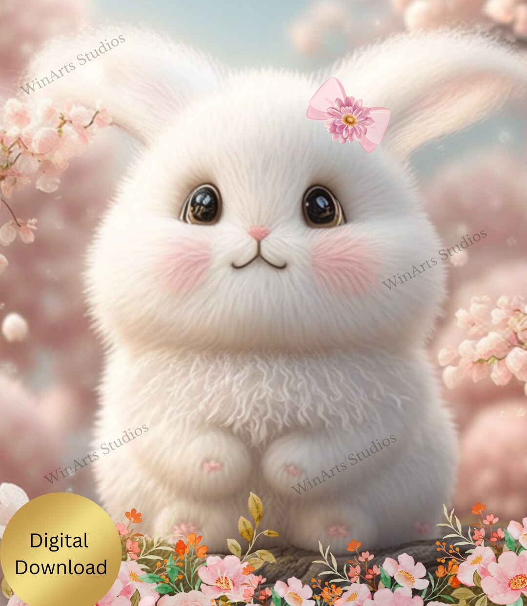 Cute Easter Bunny Rabbit in Garden of Flowers Art Printable, Digital ...