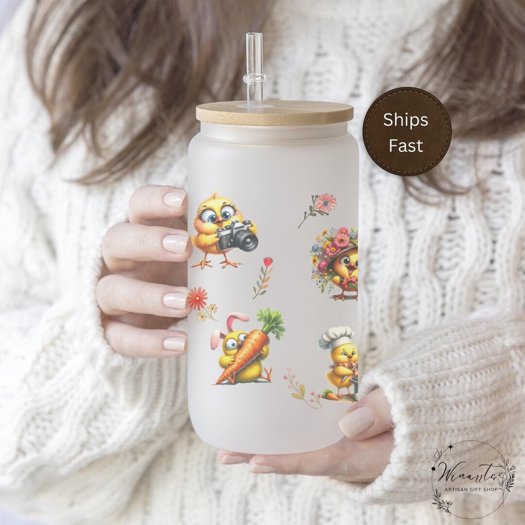 Cute Baby Chicks Chicken Glass Cup Chicken Iced Coffee Frosted Tumbler ...