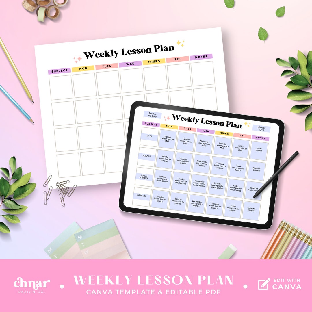 Printable Weekly Lesson Plan Template and Fillable PDF, Edit in Canva ...