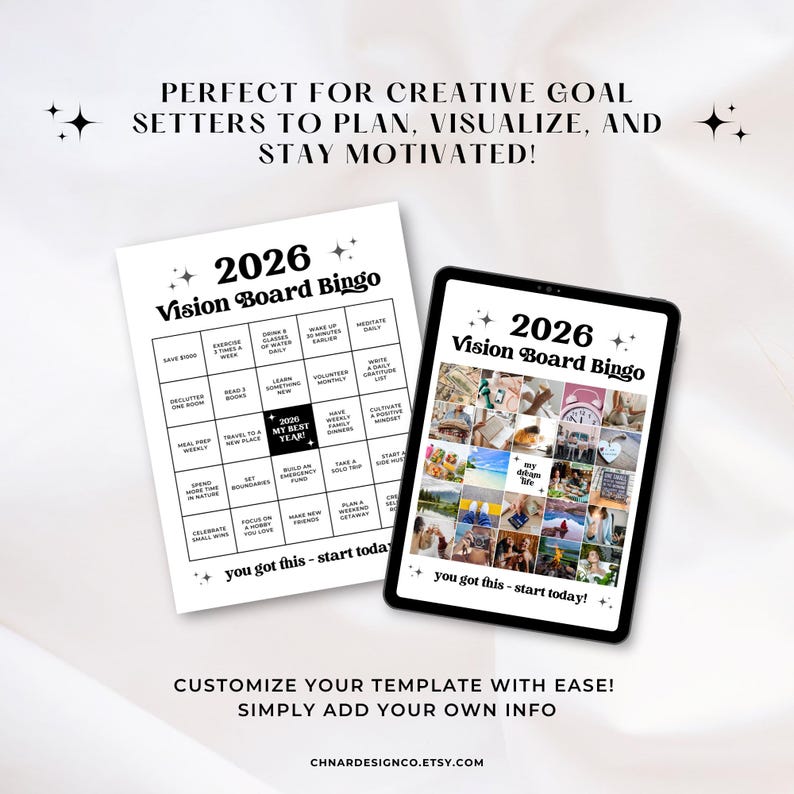 Editable Vision Board Bingo Card, New Year Resolution Goals Tracker ...