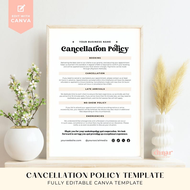 Editable Cancellation Policy Sign for Salons, Small Business Form ...