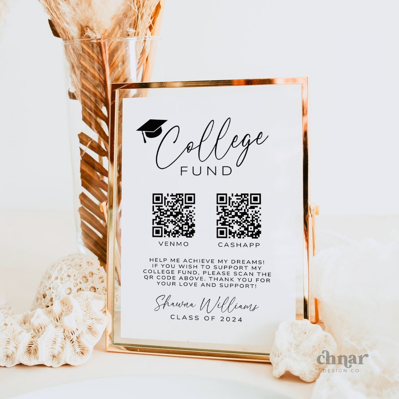 College Fund Sign, Editable Graduation QR Code Sign, Printable Scan to ...