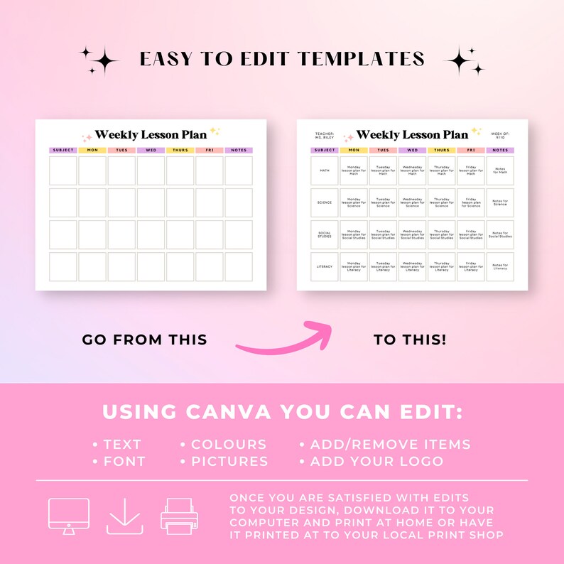 Printable Weekly Lesson Plan Template and Fillable PDF, Edit in Canva ...