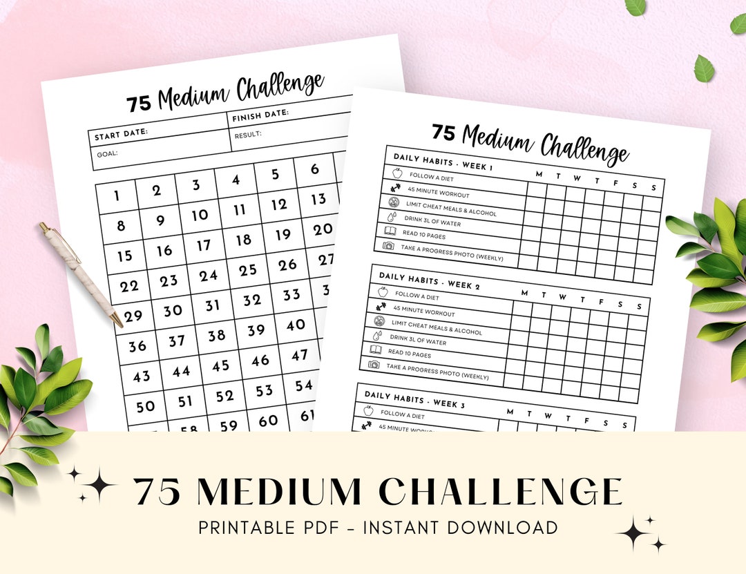 75 Day Medium Challenge Printable Track Habits, Weight Loss Journal ...
