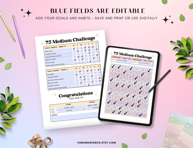 75 Medium Challenge Printable - Blank, Fillable Weight Loss Tracker ...