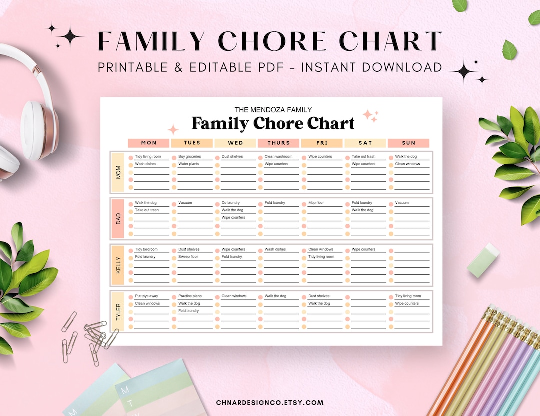 Editable Colorful Family Chore Chart Template, Instant Download, Family ...