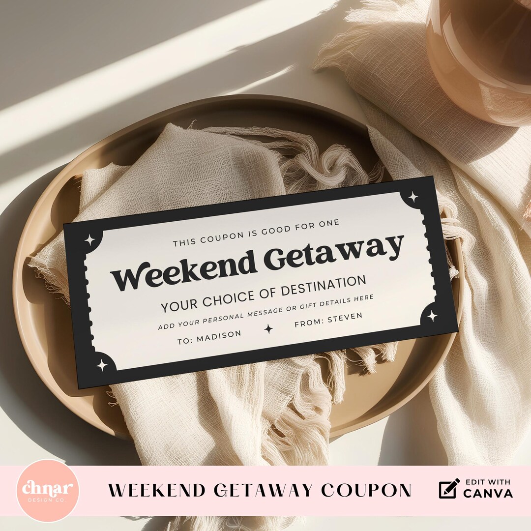 Weekend Getaway Coupon Template, Printable Travel Voucher, Valentines ...