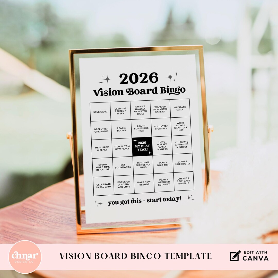 Editable Vision Board Bingo Card, 2026 Goals Tracker Canva Template ...