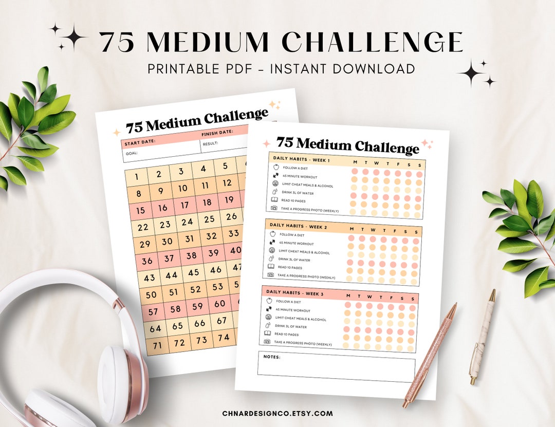 75 Day Medium Challenge Printable - Track Habits, Weight Loss Journal ...