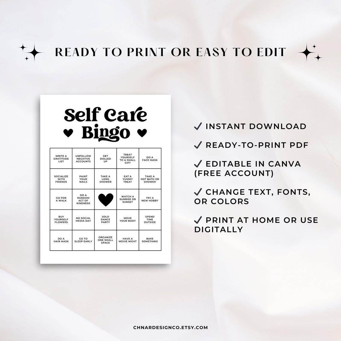 Self Care Bingo Printable, Prefilled Self Care Challenge, Wellness ...