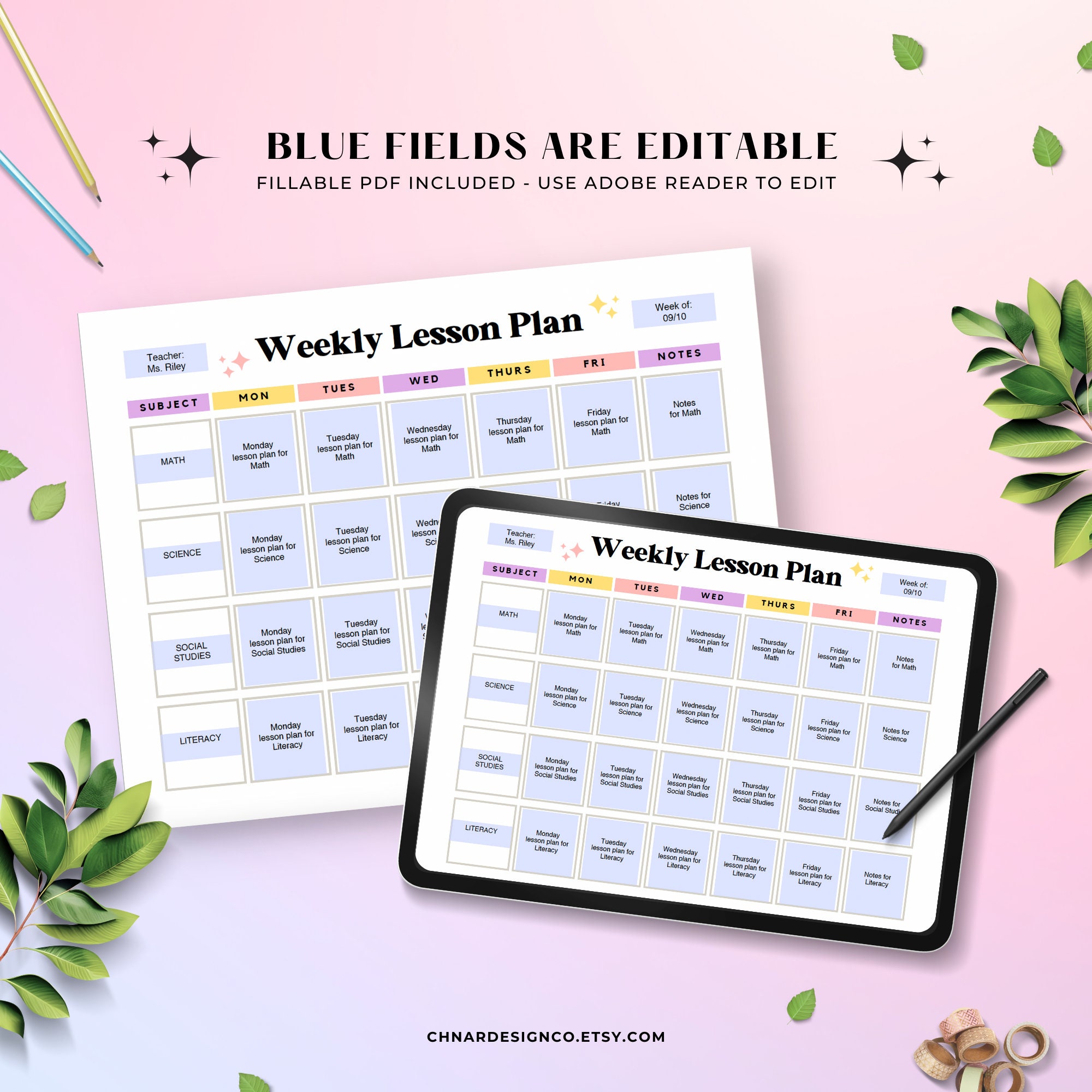 Printable Weekly Lesson Plan Template and Fillable PDF, Edit in Canva ...