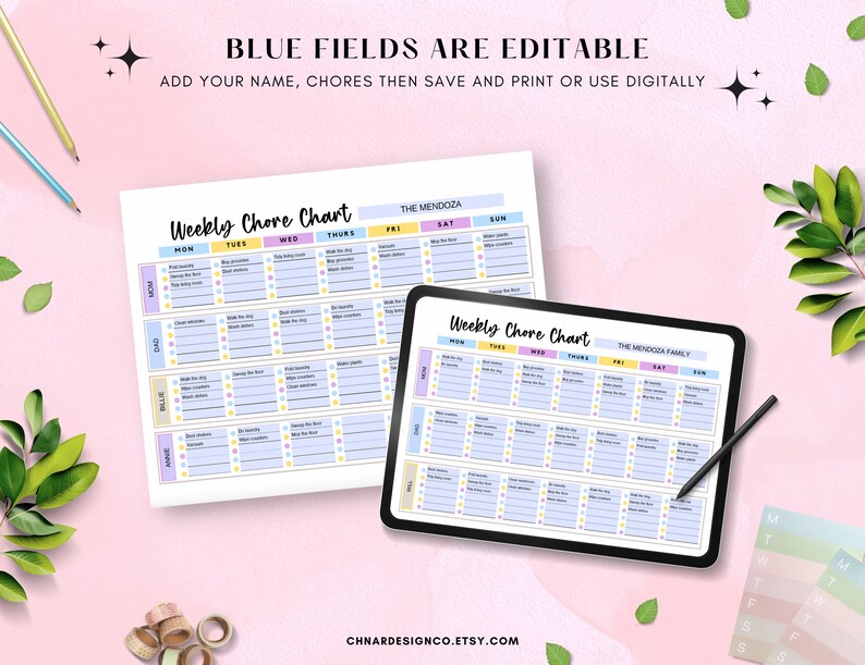 Family Chore Chart Editable Template, Instant Download PDF, Colorful ...