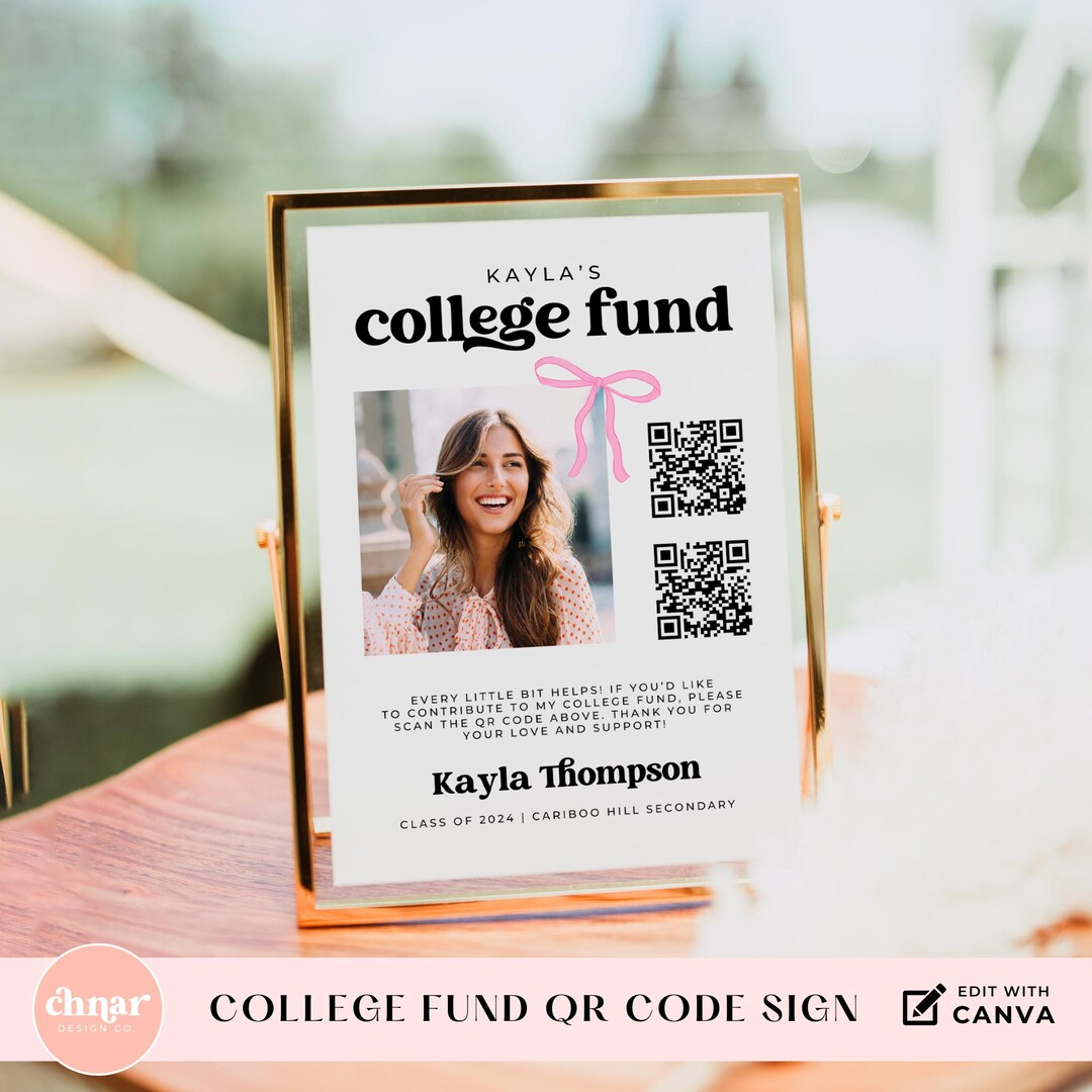 Pink Bow College Fund QR Code Sign Template, Editable Tip the Grad Card ...