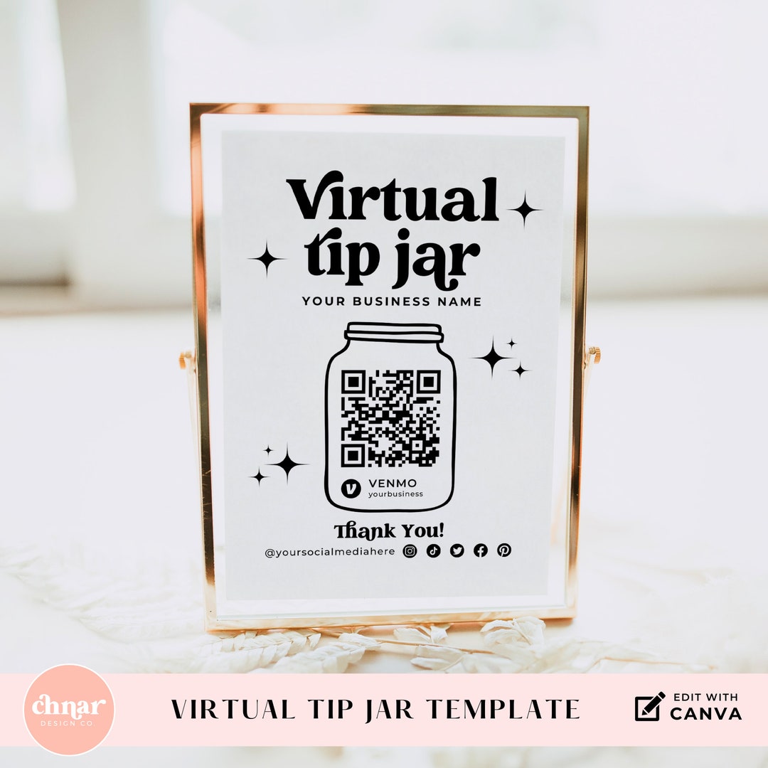 Virtual Tip Jar Template, Editable QR Code Sign for Bar, Small Business ...