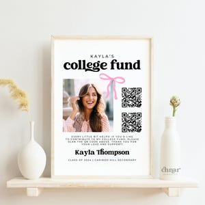 Pink Bow College Fund QR Code Sign Template, Editable Tip the Grad Card ...