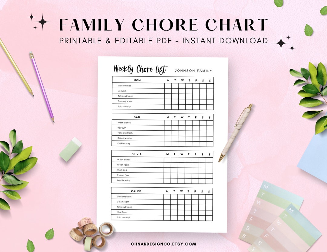 Family Chore Chart Template, Editable PDF, Instant Download, Family ...