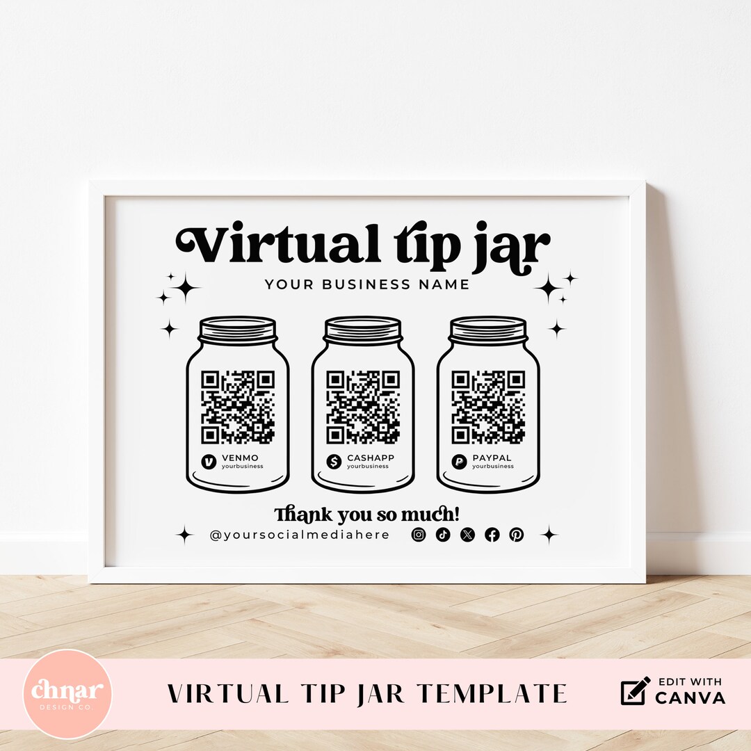 Tip Jar With QR Code, DIY Virtual Payments Sign for Salon, Bartender, Events, Editable Canva ...
