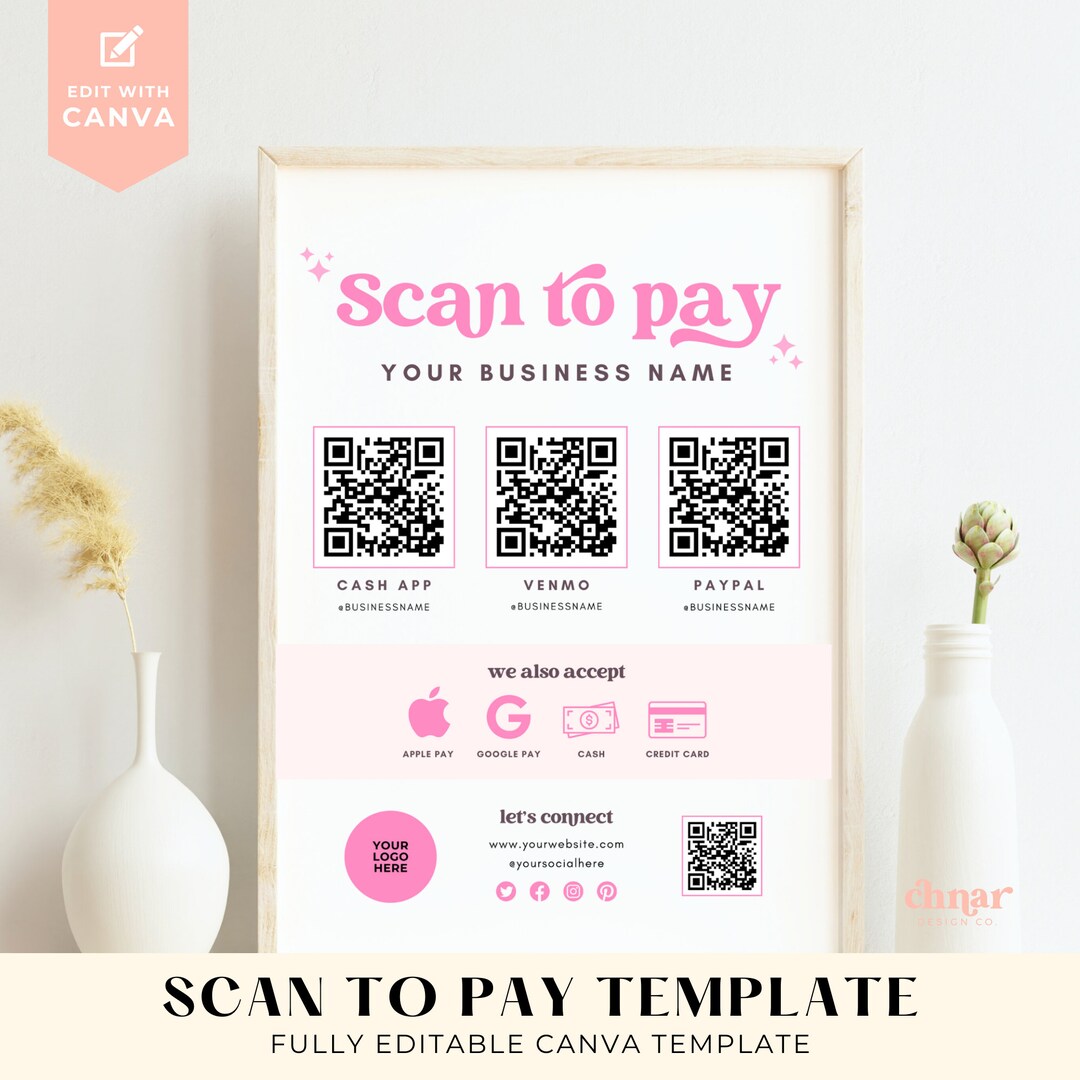 Editable QR Code Sign for Hair Salon, Lash Artist, Scan to Pay Template, Printable Payment Sign ...