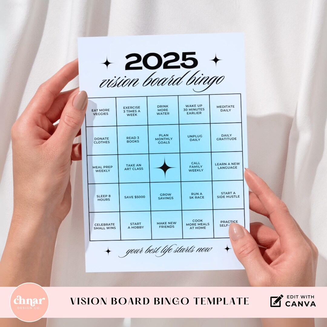 Vision Board Bingo Card Canva Template, Printable 2025 New Years Goals ...