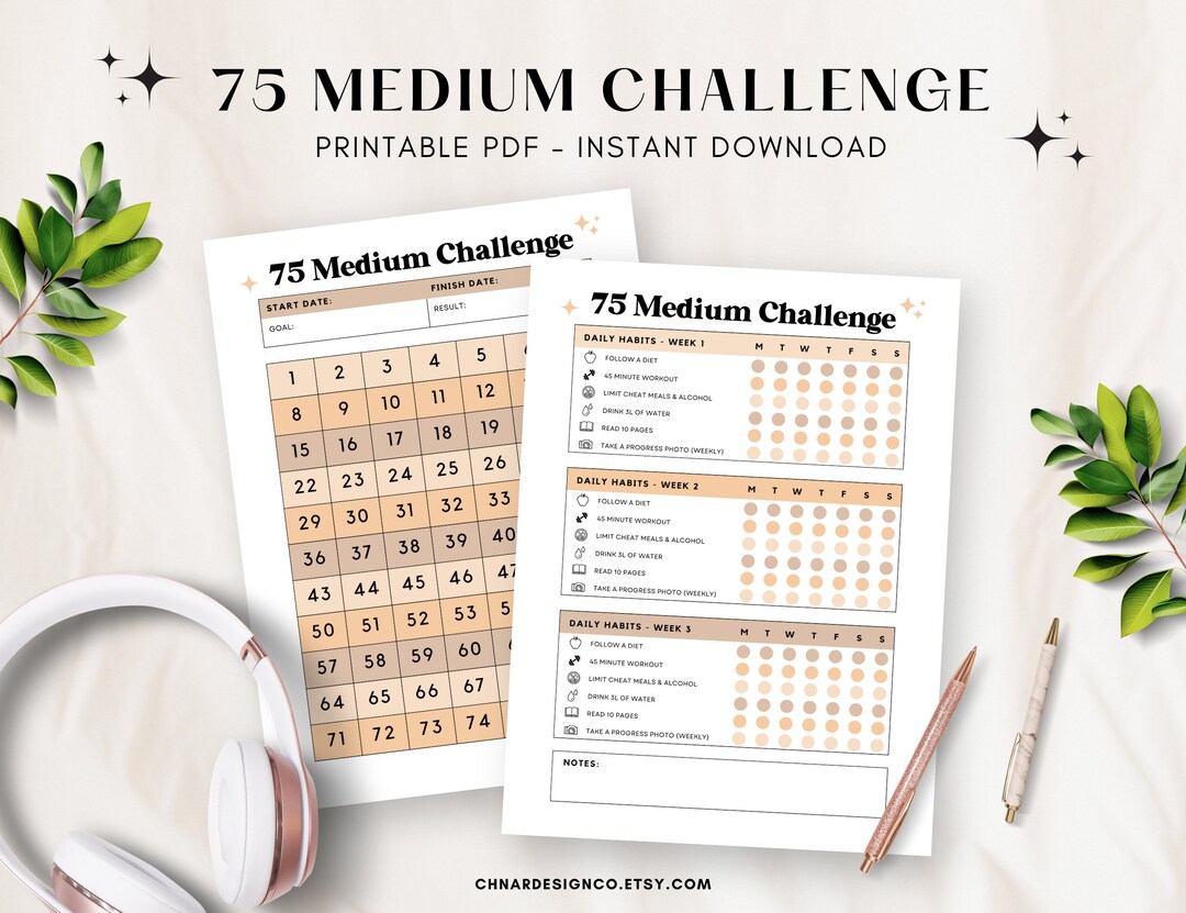 75 Day Medium Challenge Printable - Track Habits, Weight Loss Journal ...