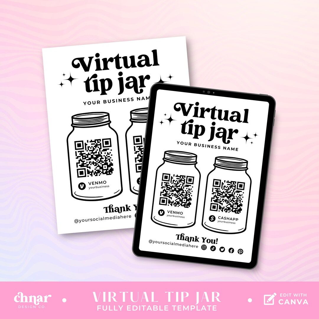 Retro Virtual Tip Jar, Editable QR Code Sign Template for Events ...