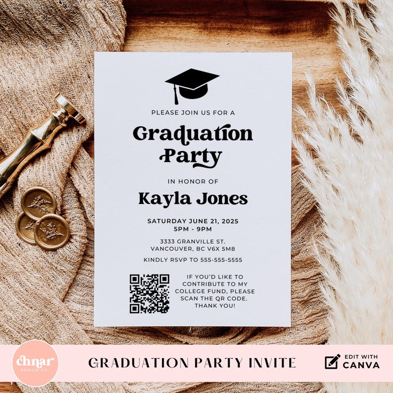 Graduation Invitation Insert Card, Editable QR Code for College Fund or ...