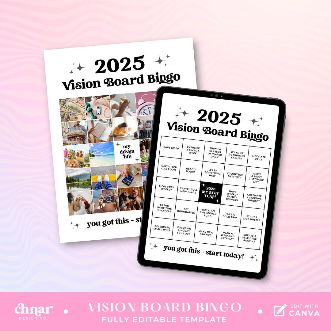 Editable Vision Board Bingo Card, 2025 Goals Tracker Canva Template ...