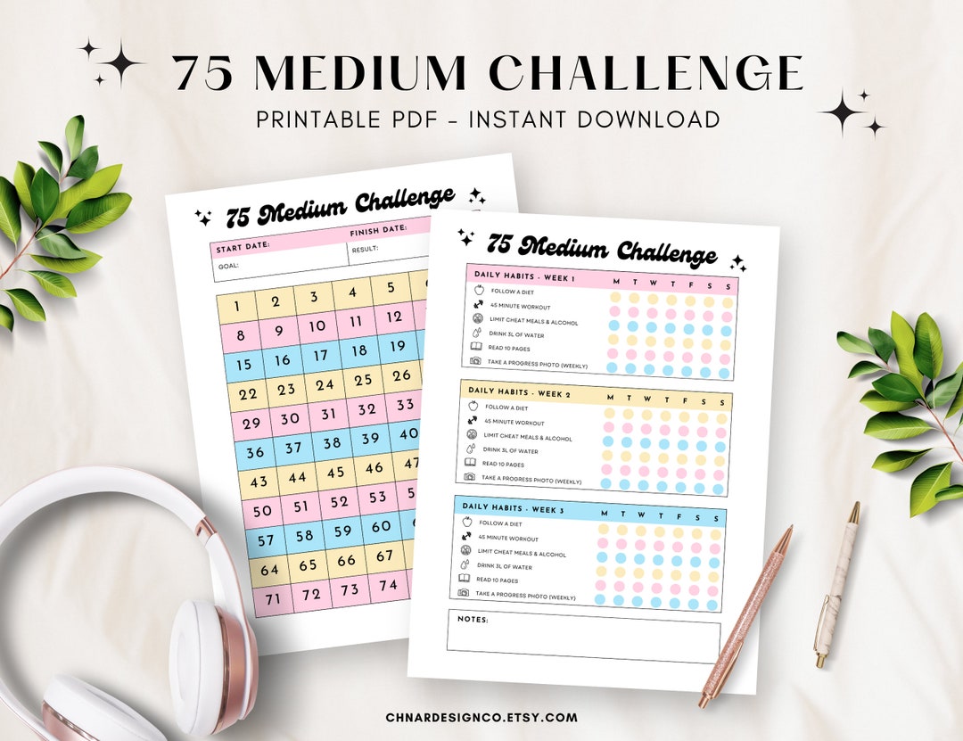 75 Day Medium Challenge Printable - Track Habits, Weight Loss Journal ...