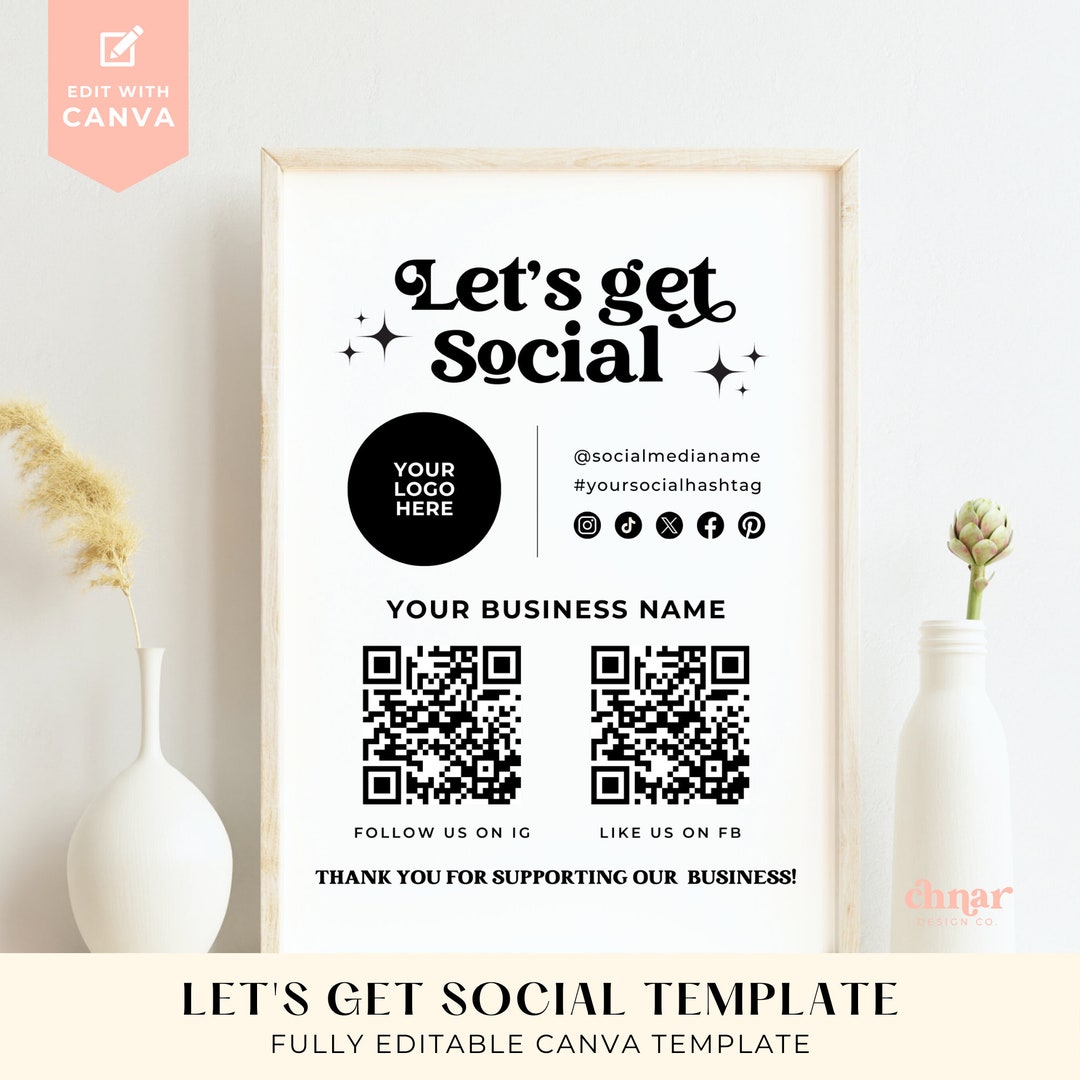 Lets Get Social Printable Sign, Connect With Us Social Media Sign Canva ...