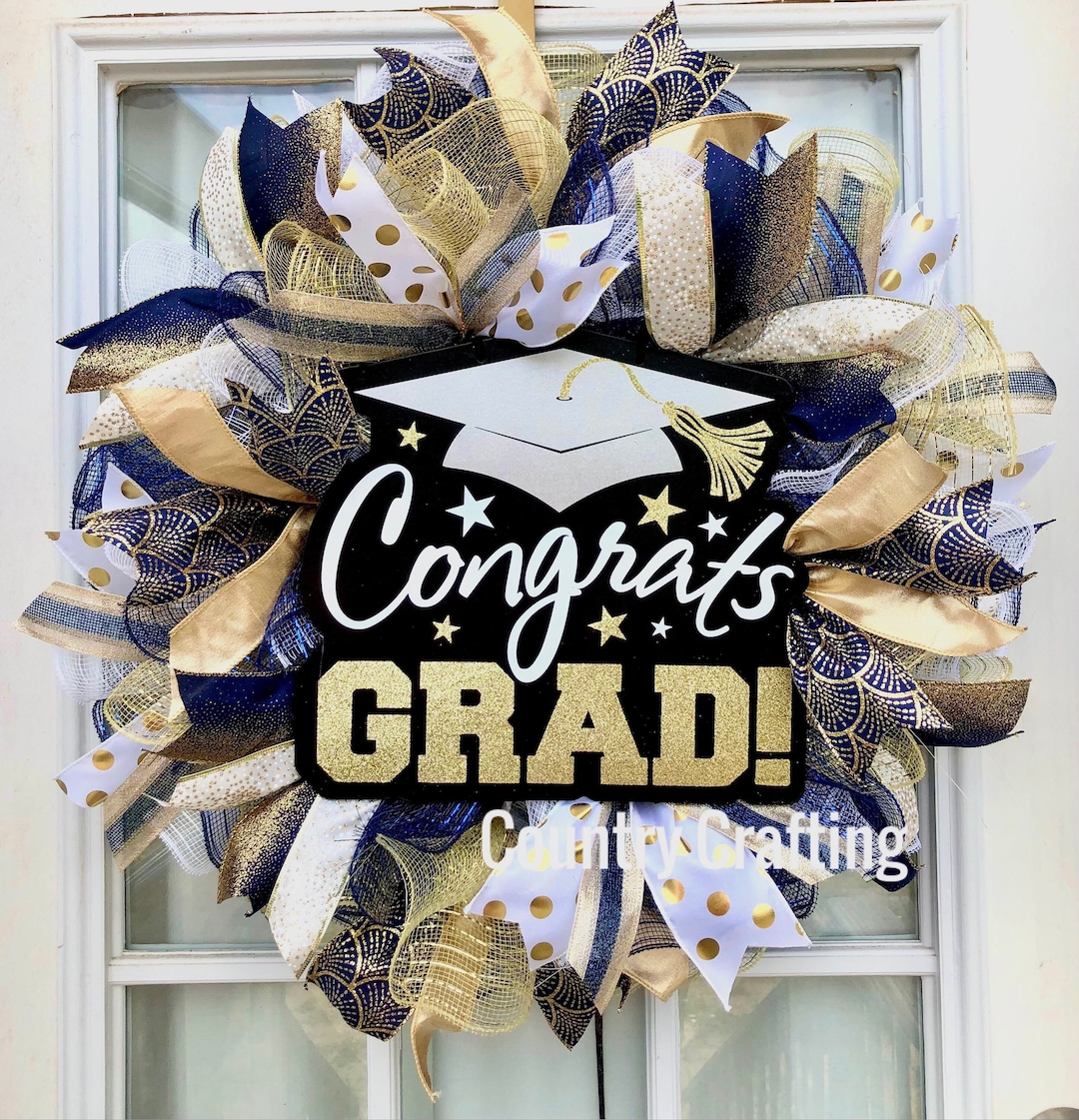 Congrats Grad Wreath, Navy Gold Graduation, Front Door Decor - Etsy