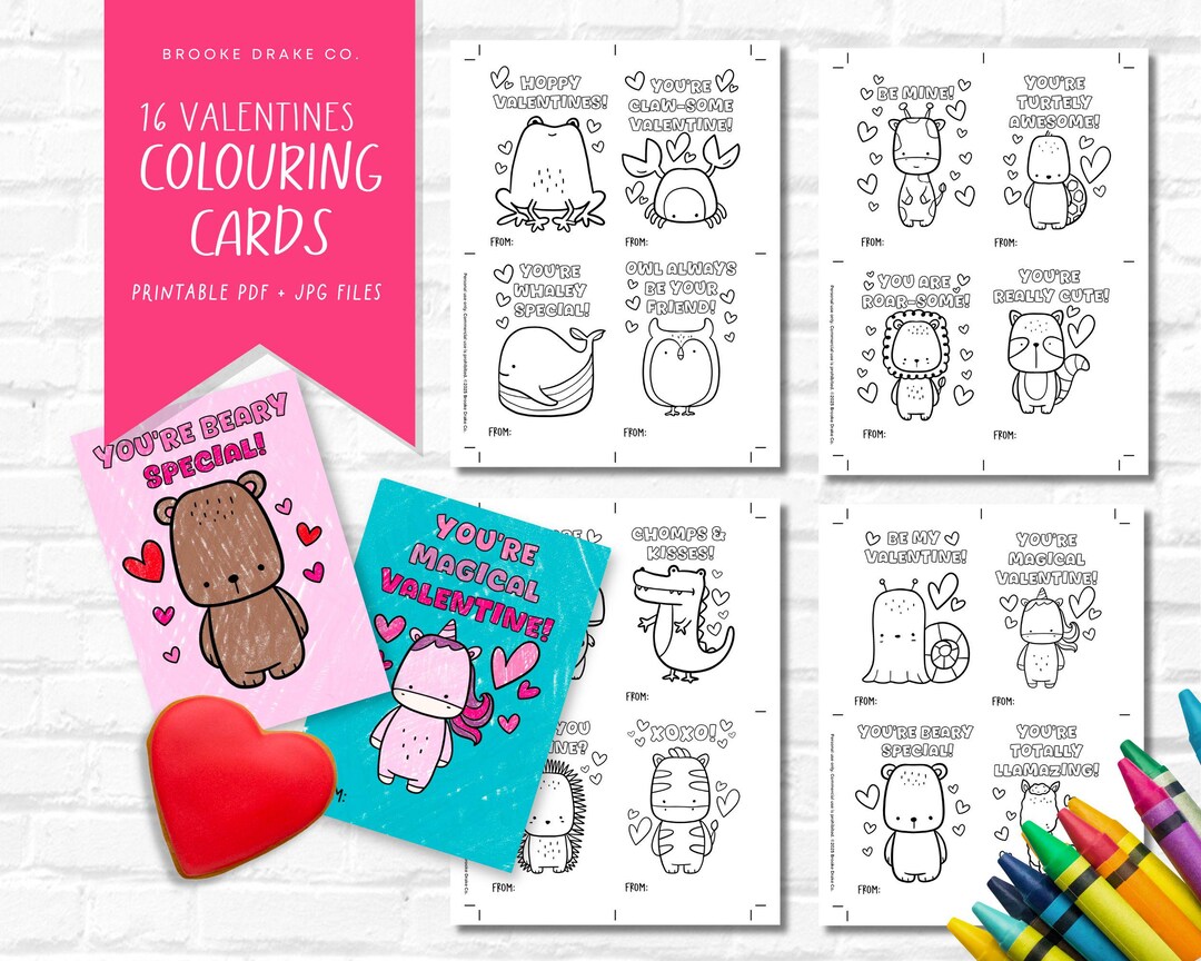 16 Valentine Coloring Cards: Kids Printable Valentines (PDF & JPG) - Etsy