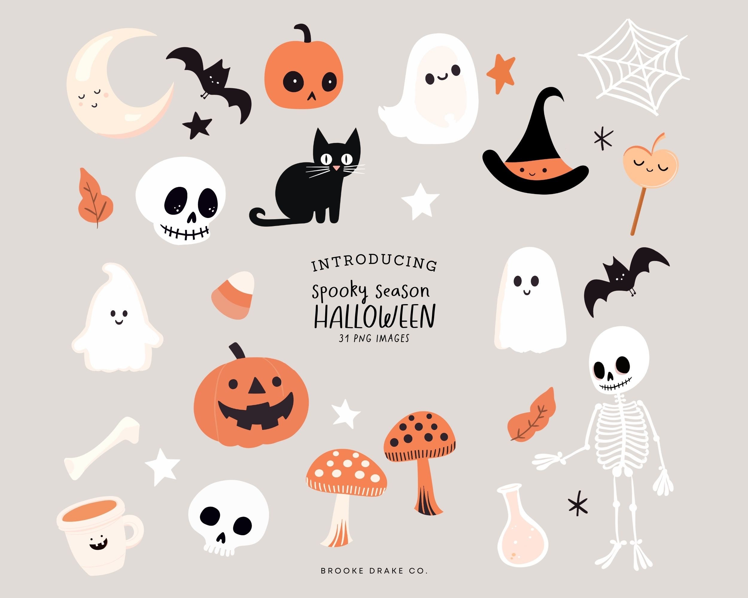Cute Halloween Clipart, Spooky Season, Digital Download, PNG Graphics ...