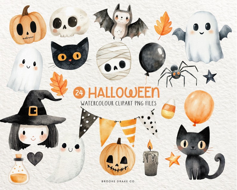 Cute Watercolor Halloween Clipart, Cute Spooky Clipart, Pumpkin ...
