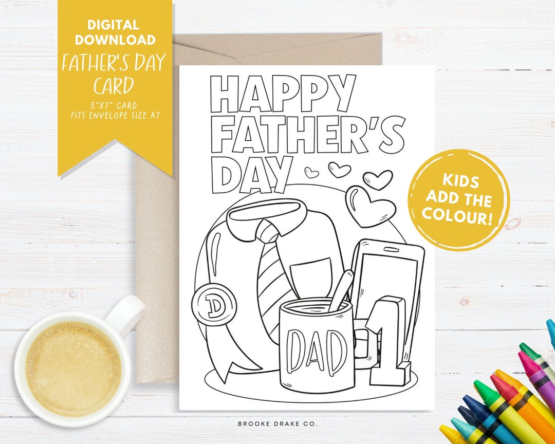 Happy Father's Day Coloring Card, Printable Greeting Card, Digital ...