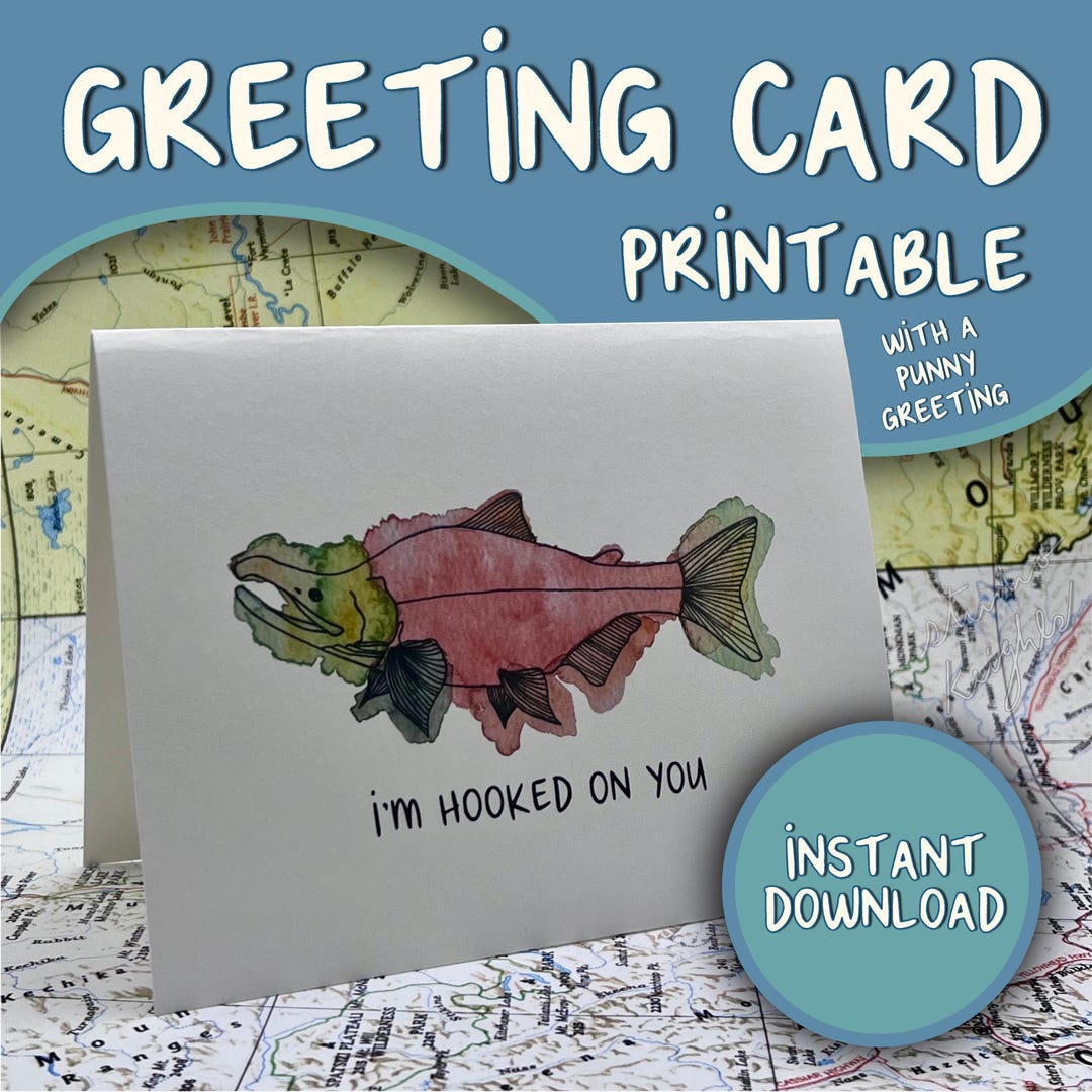 Watercolor Sockeye Salmon Pun Greeting Card | Printable Card | Instant ...