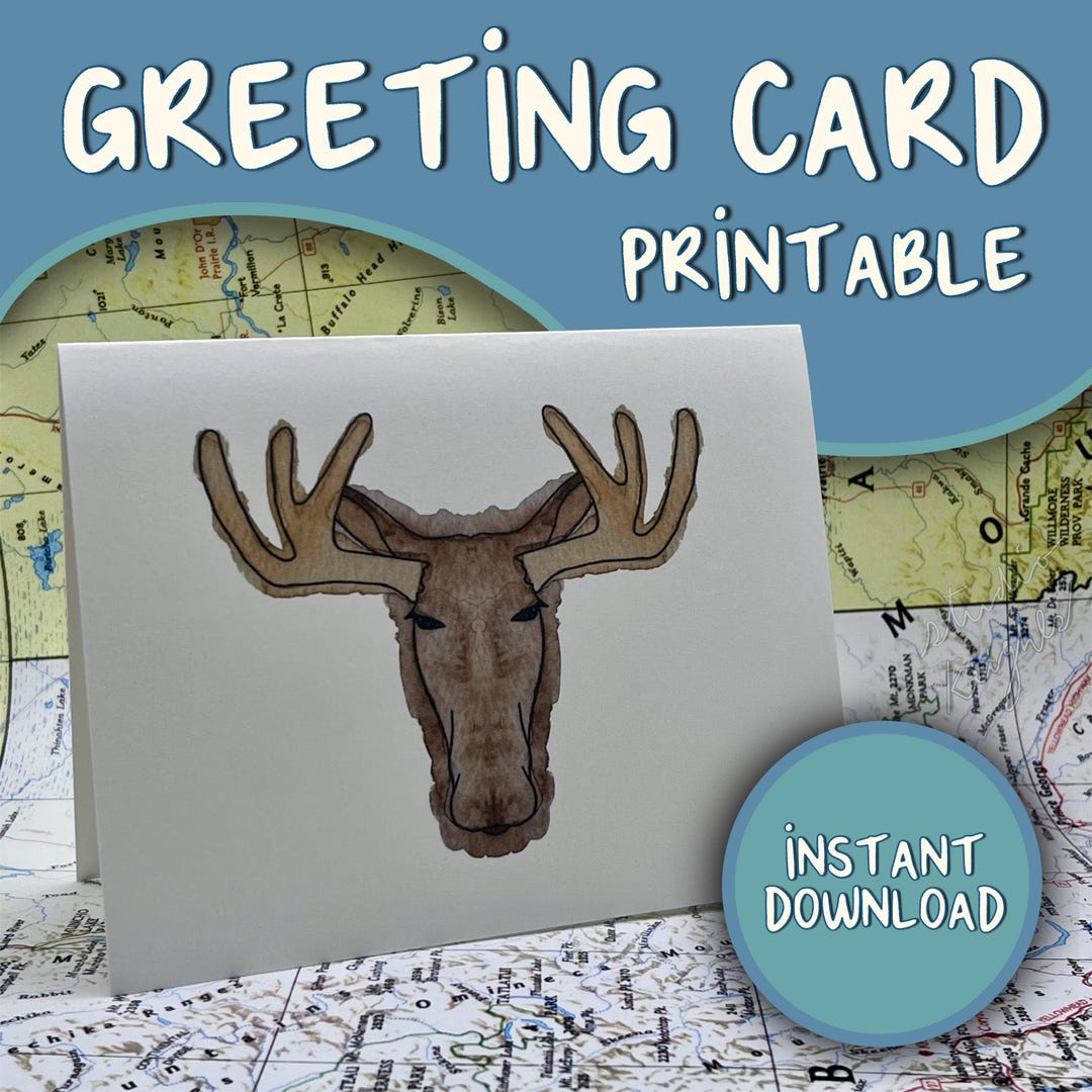 Watercolor Moose Greeting Card Printable Card Instant Download Print at ...