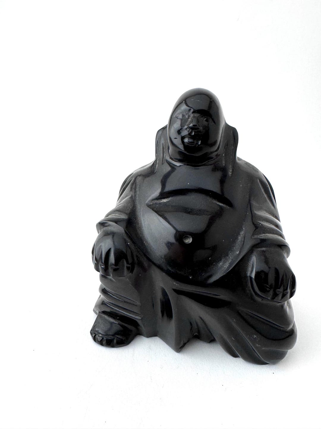 Vintage Onyx Buddha - Carved Black Stone Hotei God of Good Fortune 5 1/ ...
