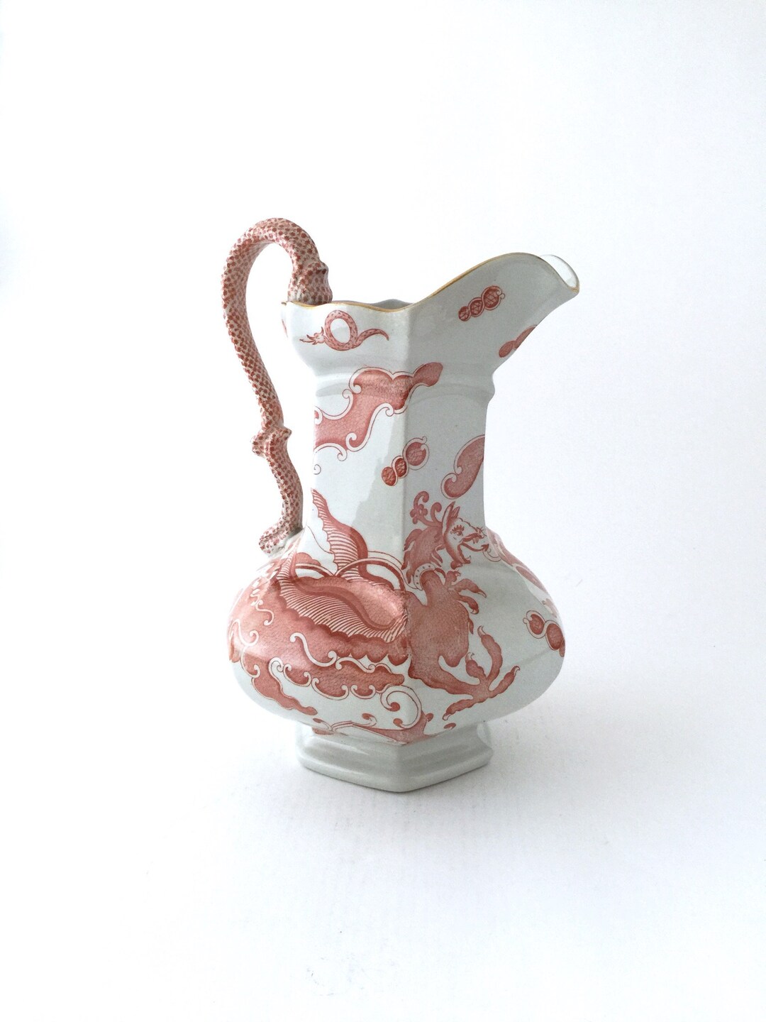 Rare Large Antique 14 Inch Mason’s Ceramic Orange Dragon Pitcher Vase ...