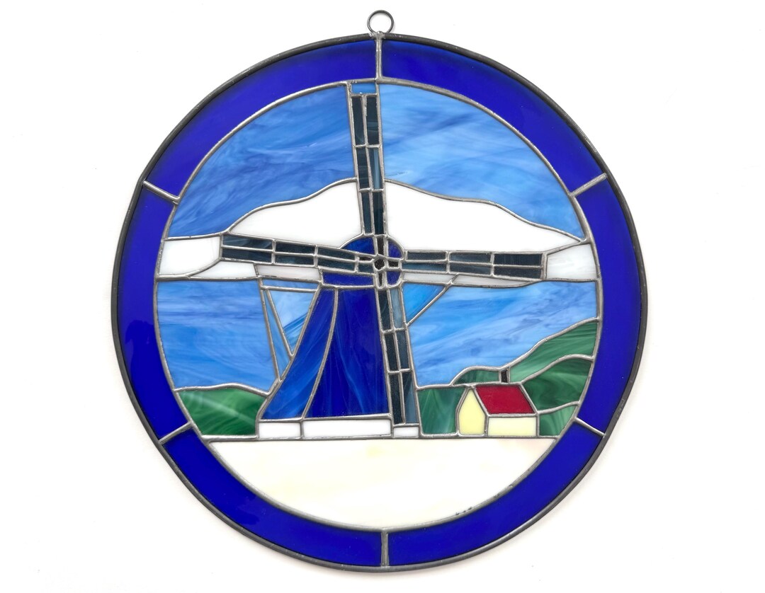 Vintage Large Blue Stained Glass Window Suncatcher of Windmill Stained ...