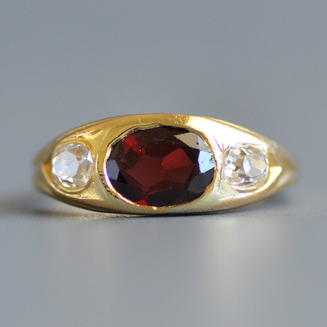 Antique Edwardian Gypsy Set Garnet and Old Mine Cut Diamond Three Stone ...