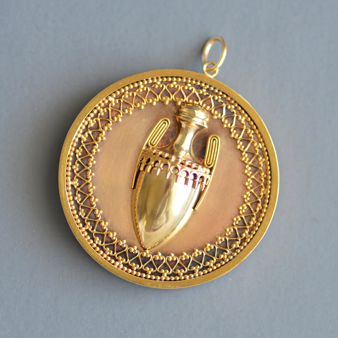 Antique Victorian Estrucan Revival Period Round Urn Pendant Locket With ...