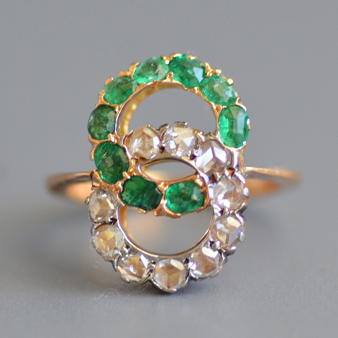 Antique Victorian Period Rose Cut Diamond & Emerald Conjoined Circles (or Figure 8) Ring in 18k ...