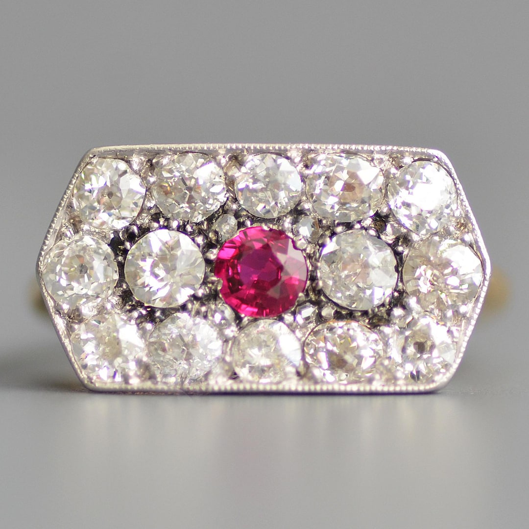 Antique French Edwardian Period 2.38 Ctw Old Mine Cut Diamond and Ruby ...